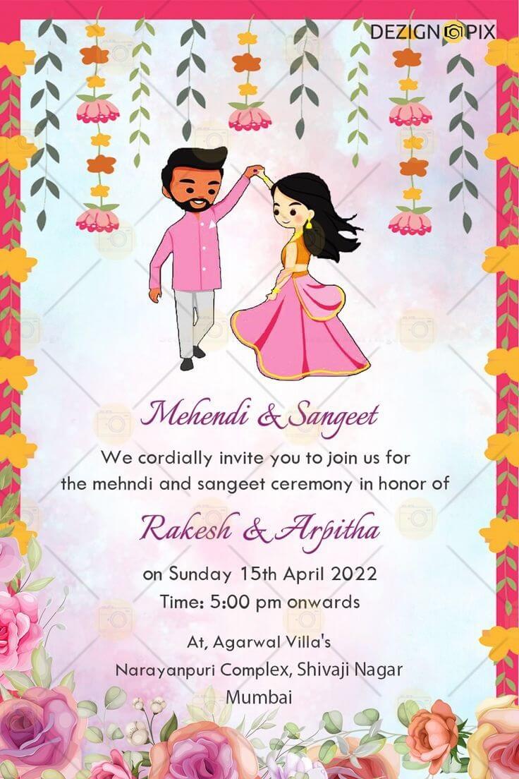Couple Dancing Mehendi Sangeet Invitation Card Simple Floral Theme 
